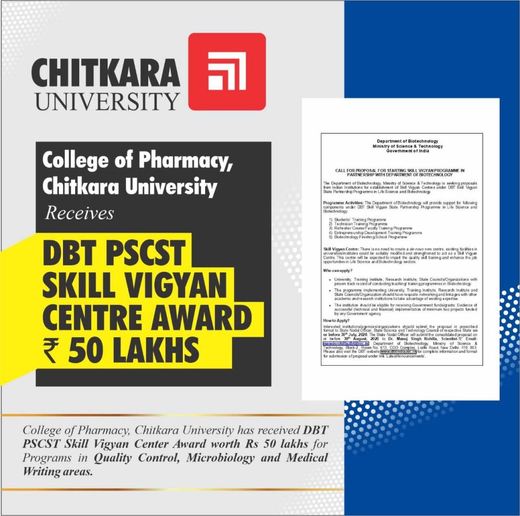 Chitkara College of Pharmacy bestowed with the DBT PSCST Skill Vigyan ...
